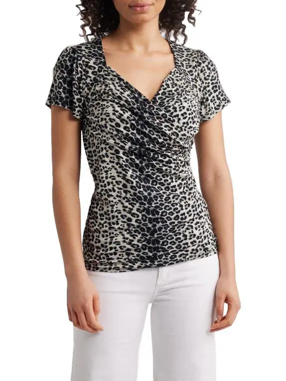 Loveappella Leopard Print Faux Wrap Top - Black/ Grey