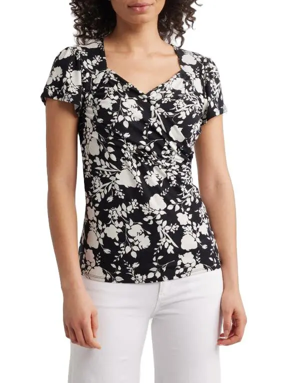 Loveappella Floral Faux Wrap Top - Black