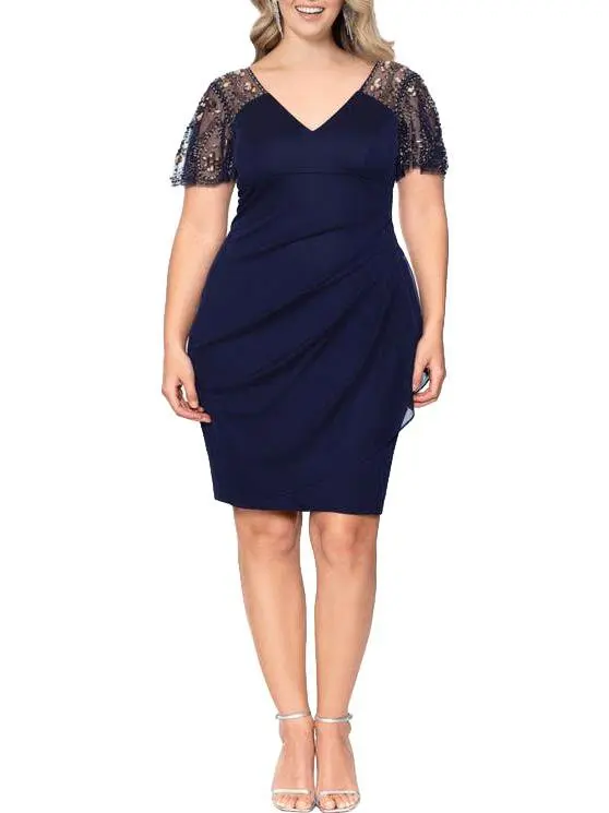 XSCAPE EVENINGS Embellished Flutter Sleeve Cocktail Dress - Navy
