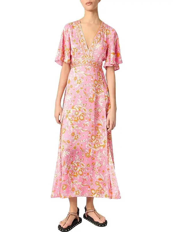 Maje Patterned Flowing Maxi Dress - Orange Pink Flowers