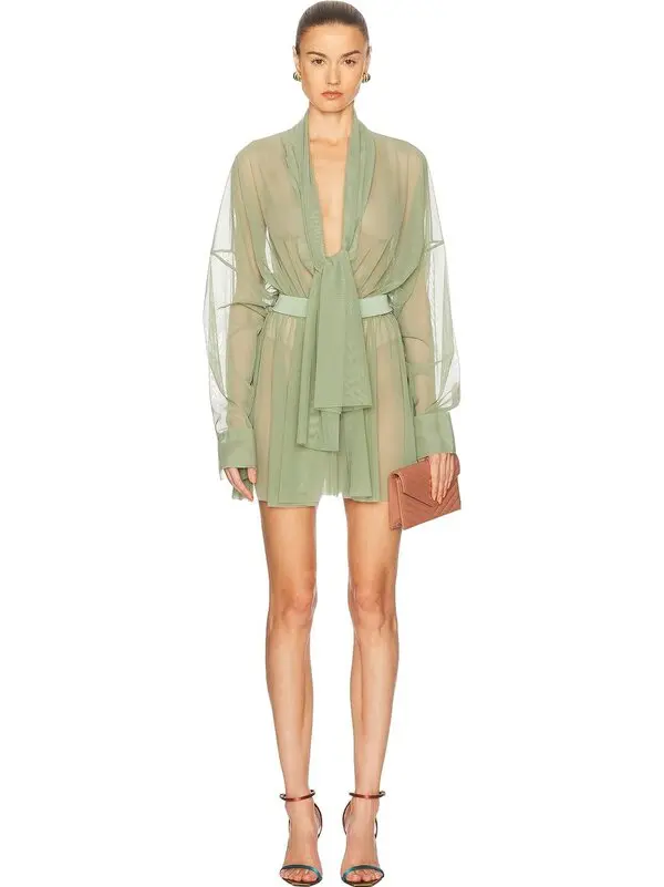 Norma Kamali Super Oversized Boyfriend Flared Mini Shirt Dress With Bow - Vintage Green