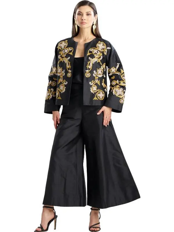 Natori Silk Dupioni Embroidered Crop Jacket - Black
