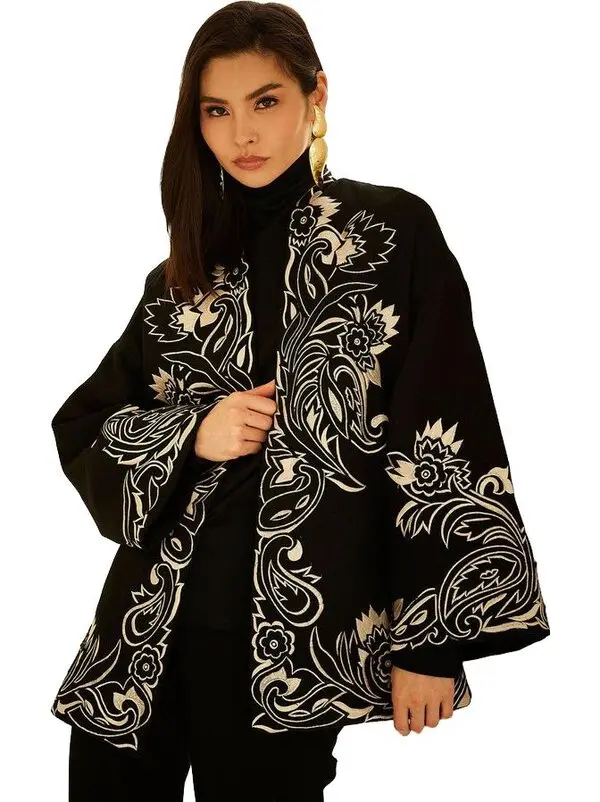 Natori Felt Embroidered Coat - Black