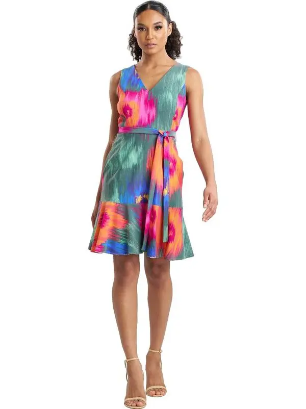 Natori Multi Floral Belted Ruffle Dress - Stripe