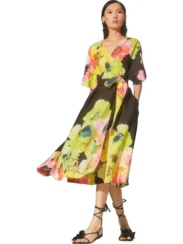 Natori Ophelia Linen Wrap Dress - Black / Floral / Multicolor