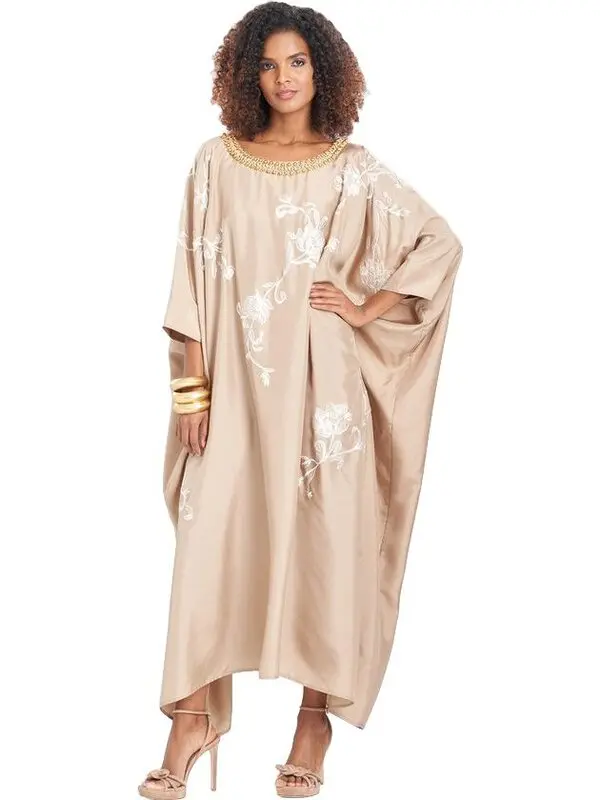 Natori Shinjo Habotai Embroidered Silk Kaftan - Neutral