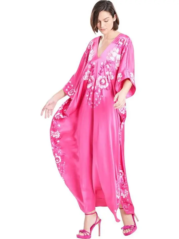 Natori Couture Hanabi Embroidered Silk Caftan - Pink