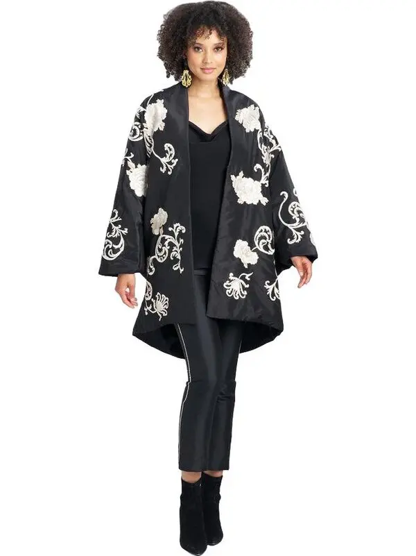Natori Couture Silk Taffeta Embroidered Coat - Black