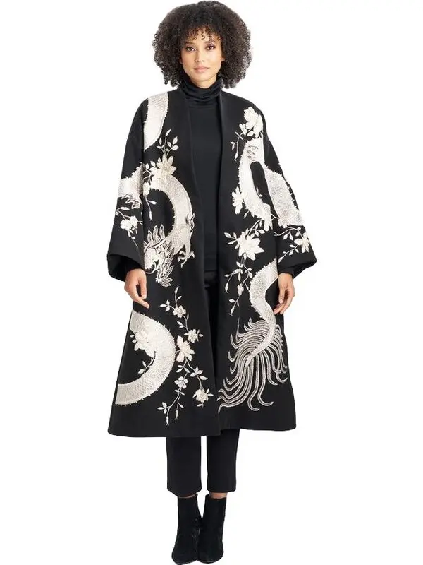 Natori Couture Felt Embroidered Dragon Coat - Black