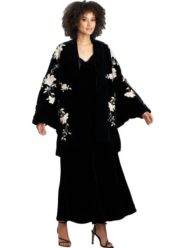Natori Couture Velvet Silk Embroidered Coat - Black