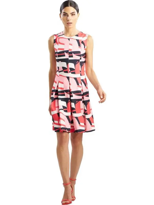 Natori Abstract Lines Pleated Dress - Multicolor / Pink / Red