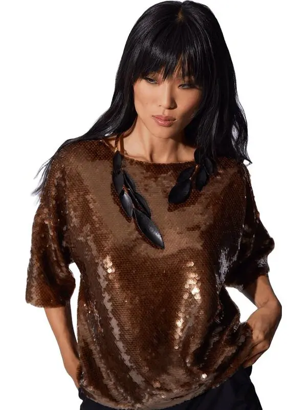 Natori Paillettes Boat Neck Top - Brown