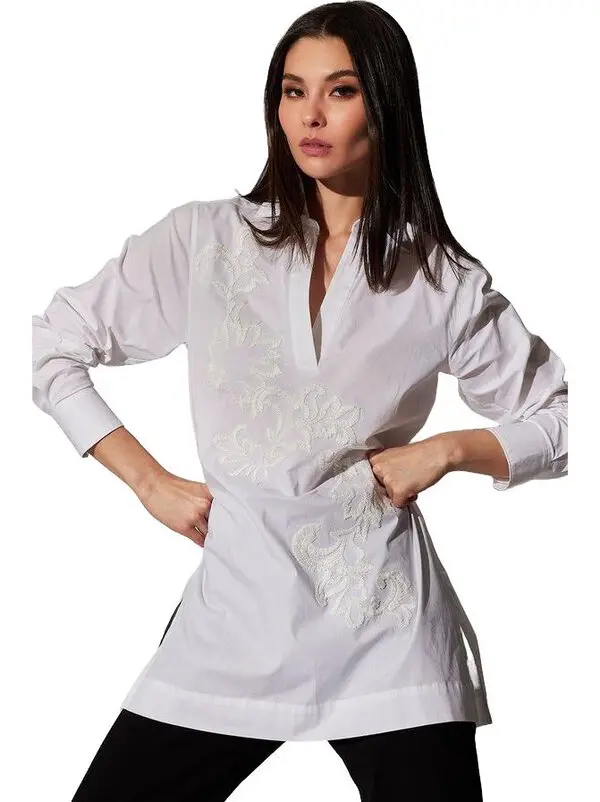 Natori Cotton Poplin Embroidered Tunic Shirt - White