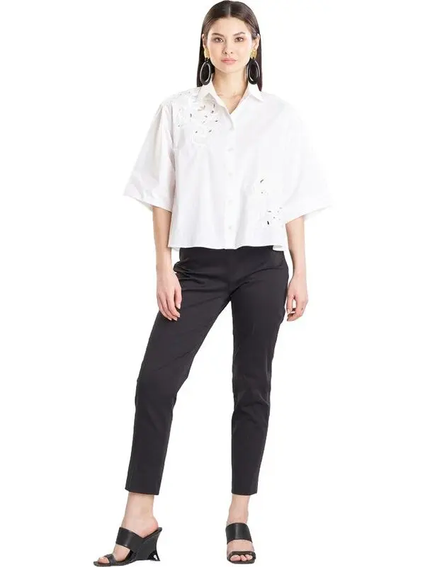 Natori Cotton Poplin Embroidered Cutout Trapeze Shirt - White
