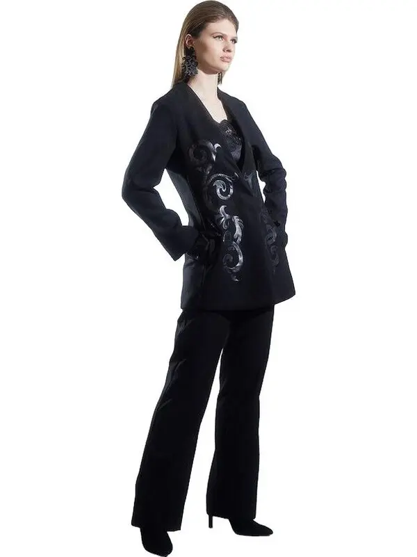 Natori Felt Embroidered Collarless Jacket - Black