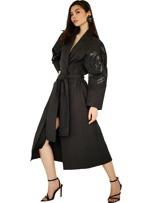 Natori Tech Cotton Taffeta Embroidered Trench Coat - Black