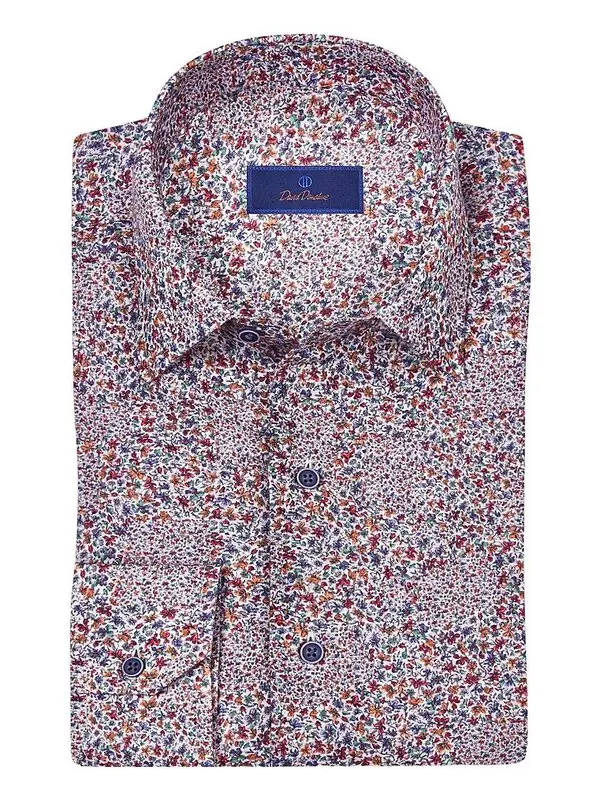 David Donahue Regular Fit Micro Floral Print Linen Sport Shirt - Berry/multi