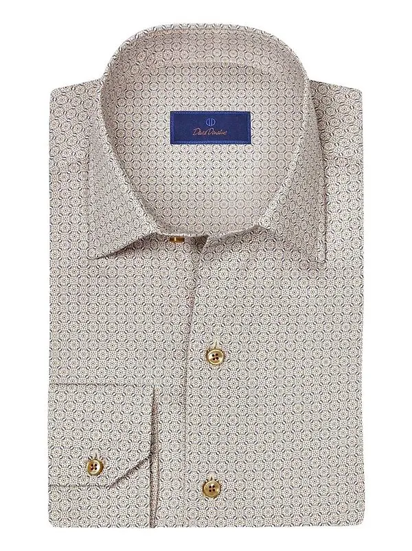 David Donahue Regular Fit Geometric Print Sport Shirt - Stone