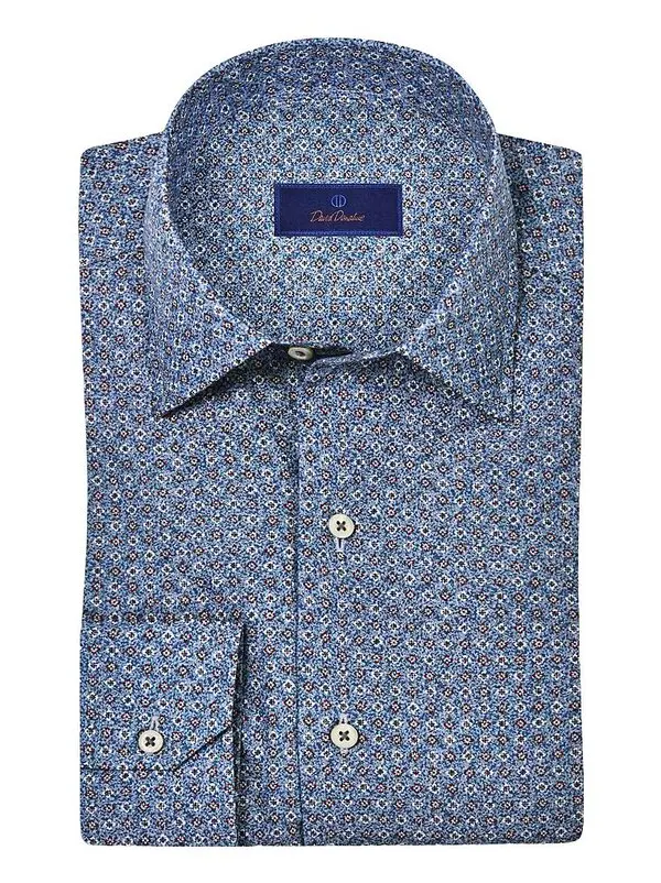 David Donahue Regular Fit Textured Neat Print Sport Shirt - Denim