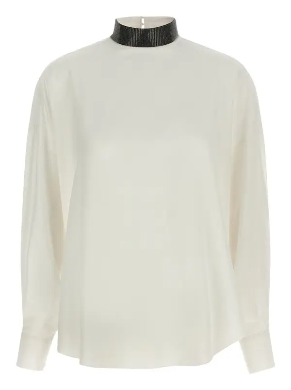 Brunello Cucinelli Silk Blouse With Monile Detail - Beige