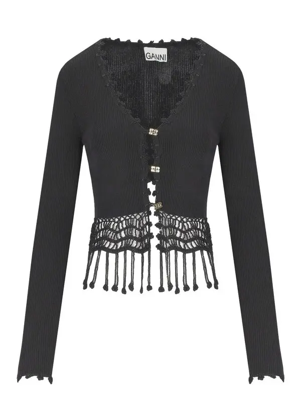 GANNI Crochet Cropped Cardigan - Black