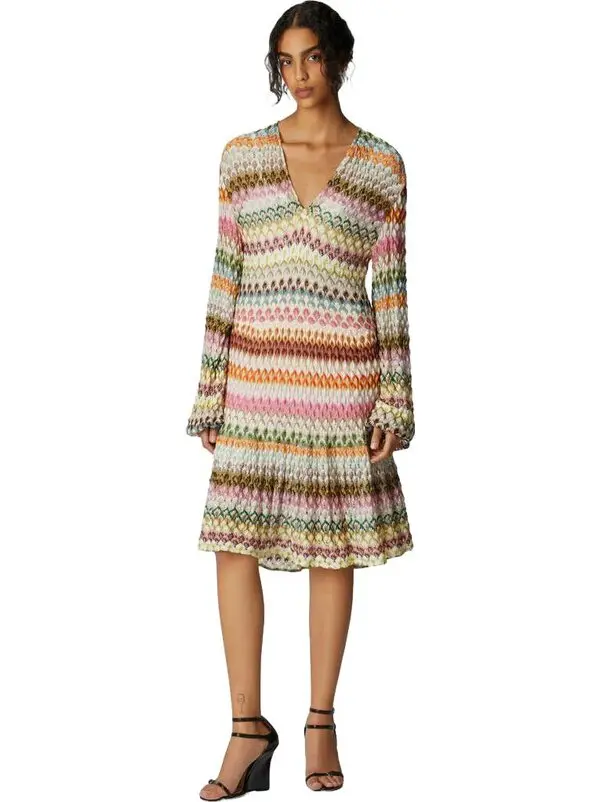 Missoni Long Sleeve Short Dress With Zig Zag Lace Pattern - Multicoloured