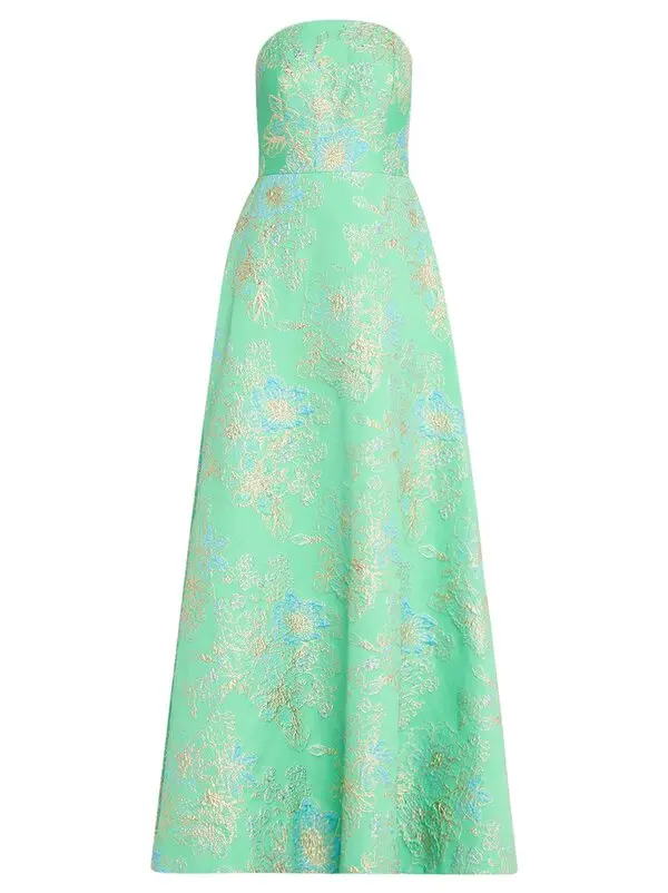 Rickie Freeman For Teri Jon Strapless Metallic Floral Jacquard Gown - Green Mult