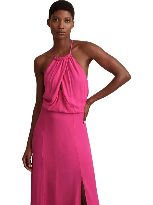 REISS Elliana Drape Front Midi Dress - Pink
