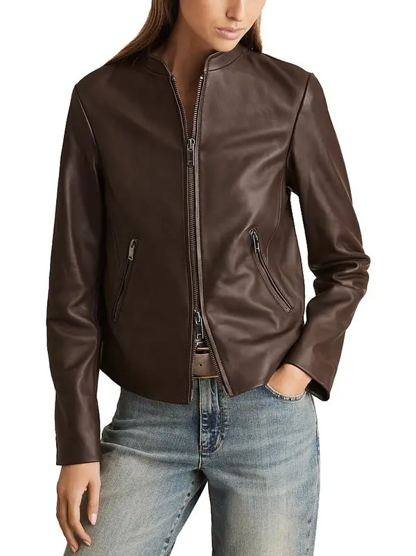 REISS Allie Leather Biker Jacket - Chocolate