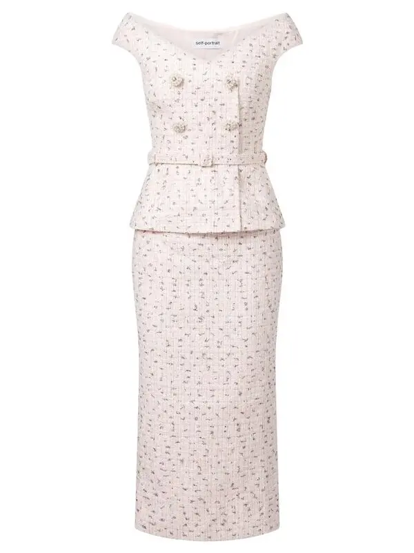 SELF-PORTRAIT Embellished Bouclé Midi Dress - Beige