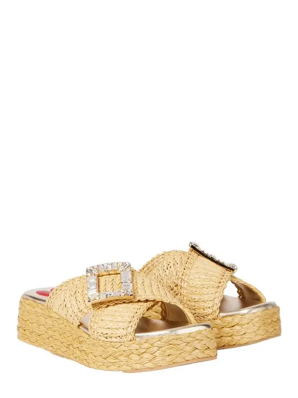 ROGER VIVIER Embellished Raffia Espadrille Slides - Beige