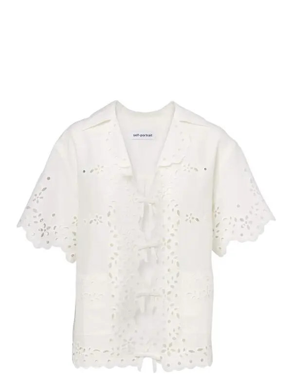 SELF-PORTRAIT Embroidered Cutout Linen And Cotton Top - White