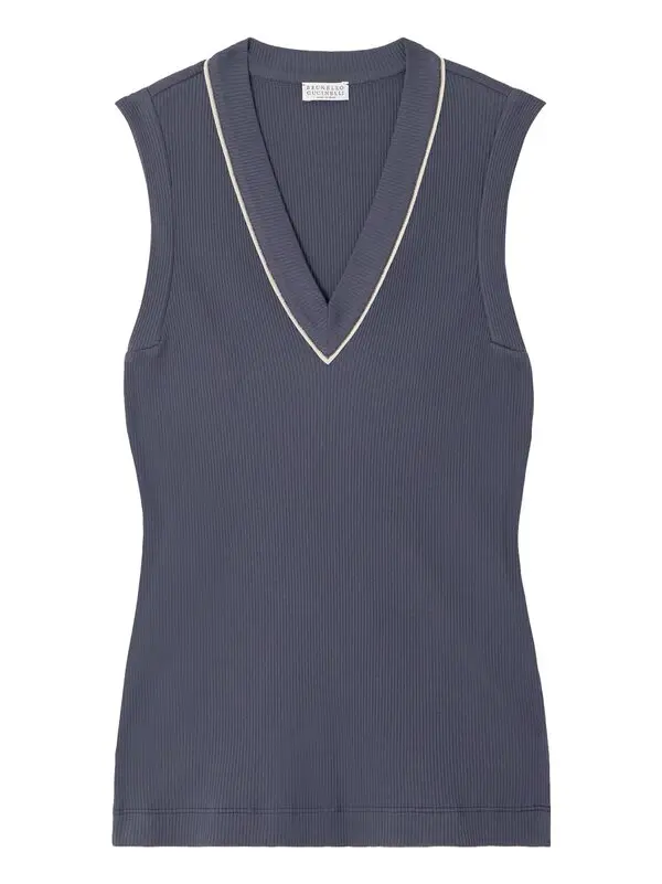 Brunello Cucinelli Bead-embellished Ribbed Tank - Blue