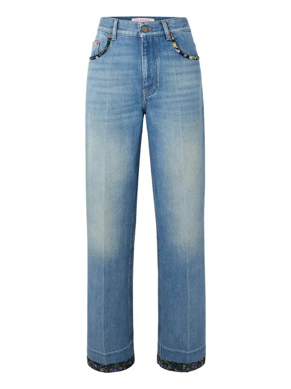 Valentino Garavani Printed Chiffon-trimmed Straight-leg Jeans - Blue