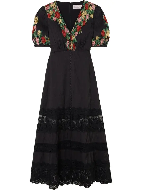 Saloni Lea Floral-print Cotton-voile Midi Dress - Black