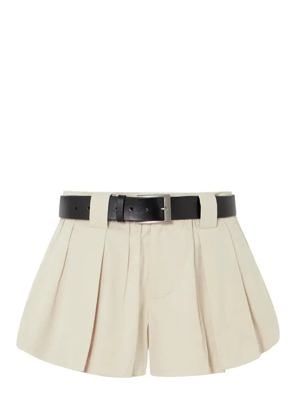 Sea Adele Leather-trimmed Pleated Cotton-poplin Shorts - Ecru