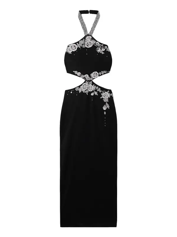 MISS SOHEE Cutout Crystal-embellished Embroidered Crepe Halterneck Gown - Black