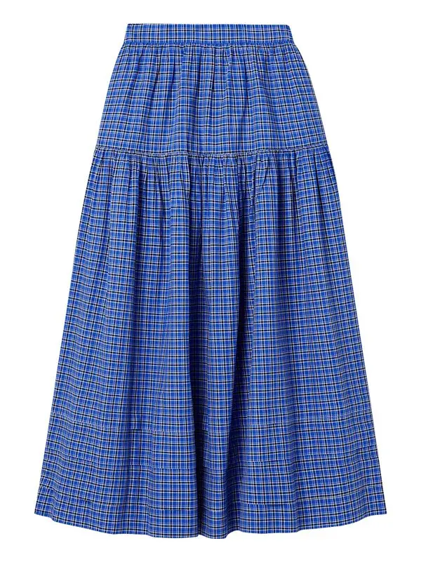DÔEN Sebastiane Tiered Checked Voile Midi Skirt - Blue