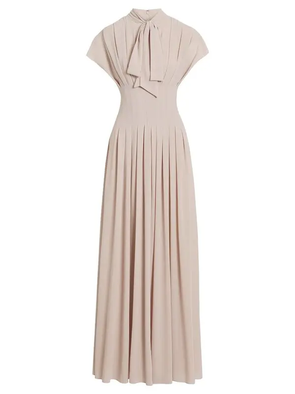 MIKAEL AGHAL Pussy-bow Pleated Maxi Dress - Beige
