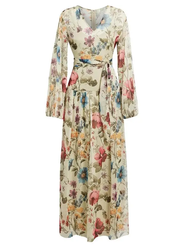 MIKAEL AGHAL Belted Floral-print Chiffon Maxi Dress - Light Green