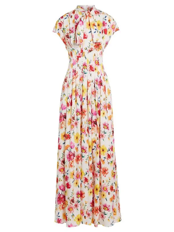 MIKAEL AGHAL Pussy-bow Pleated Floral-print Maxi Dress - Ivory