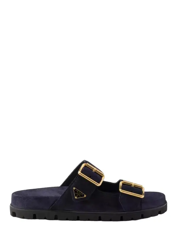 Prada Buckle Suede Slides - Blue