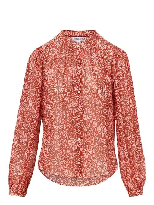 Veronica Beard Ashlynn Floral Pintuck Silk Blouse - Dark Persimmon Multi