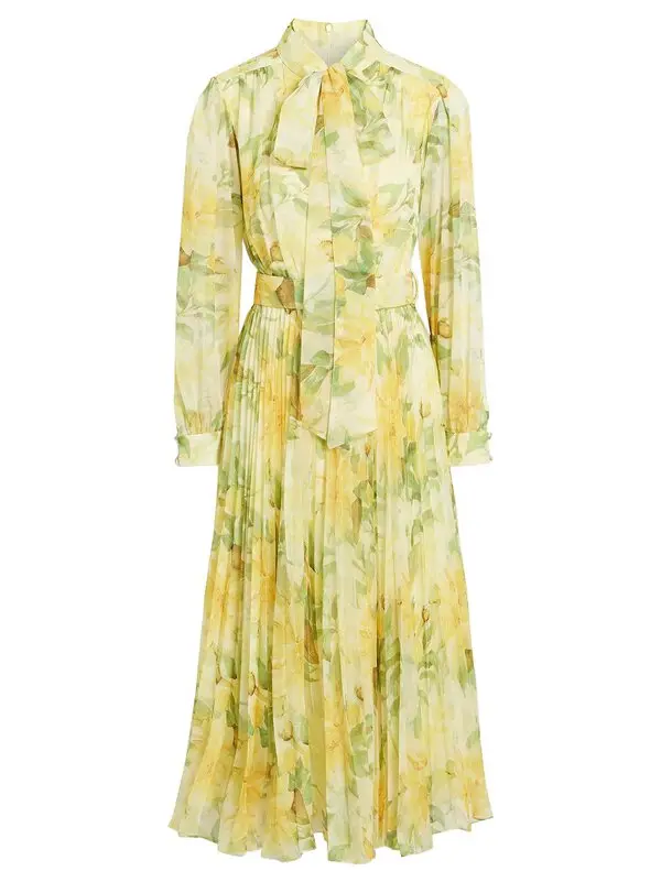 MIKAEL AGHAL Pleated Floral-print Chiffon Midi Shirt Dress - Yellow