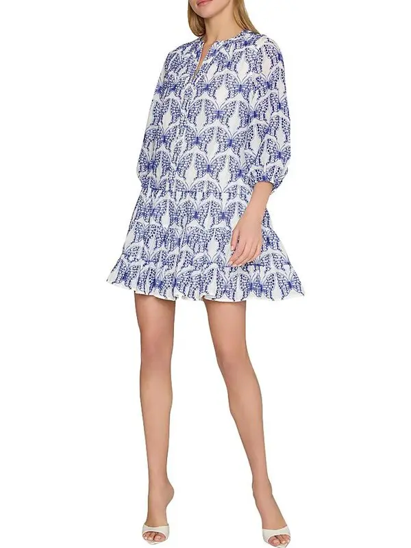 MILLY Tiered Butterfly Eyelet Mini Dress - White/blue