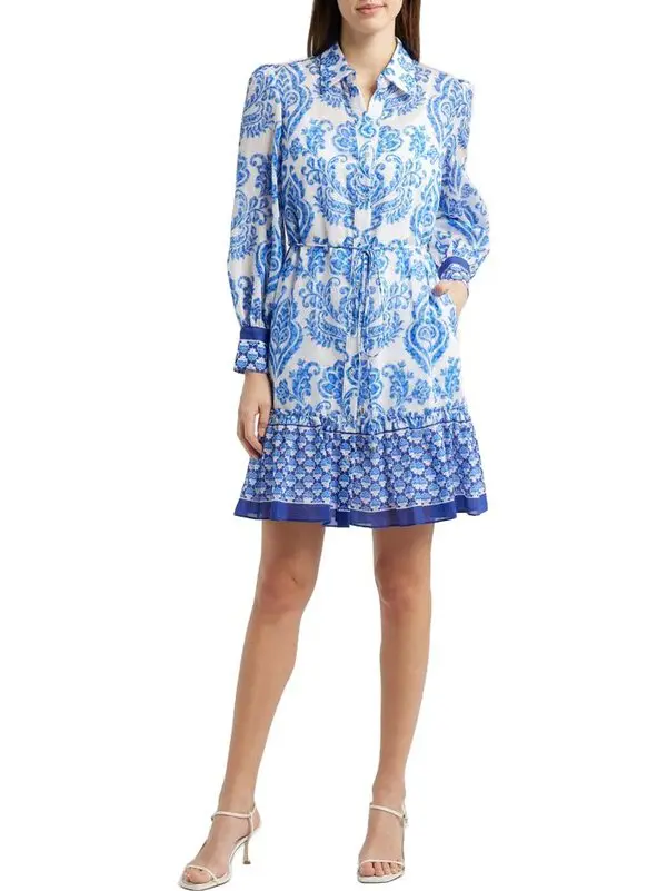 Julia Jordan Mixed Print Long Sleeve Shirtdress - Ivory/ Blue