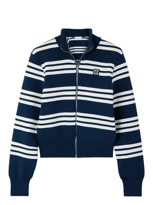 Tory Burch Appliquéd Striped Ribbed-knit Cardigan - Blue