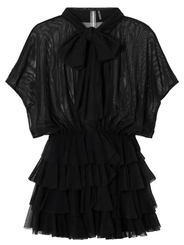 Norma Kamali Lauren Bow-detailed Tiered Ruffled Tulle Mini Dress - Black