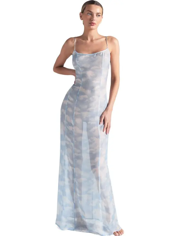 SKIMS Romance Long Slip Dress - Blue Quartz Cloud Print