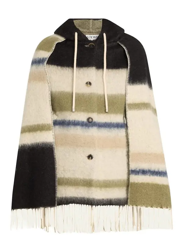 Loewe Stripe Hooded Mohair Wool Scarf Coat - White Black